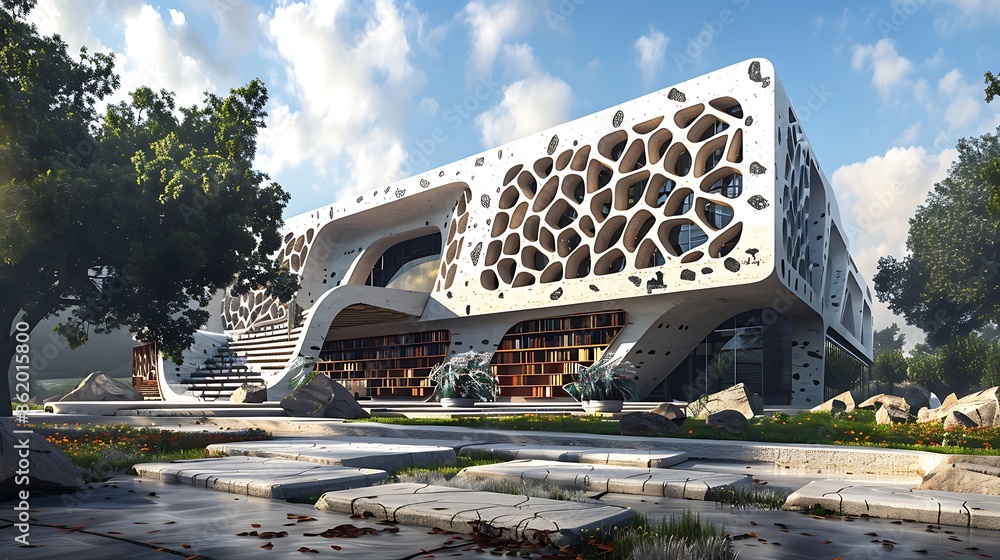 futuristic public library with a facade made from interlocking stone ...