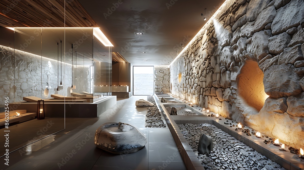 modern wellness center with walls built from heated stones, providing ...