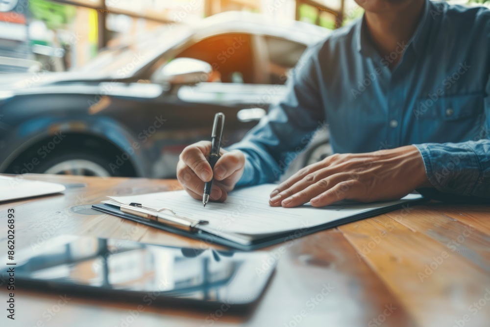 Man customer signing car document contract agreement, successful car ...