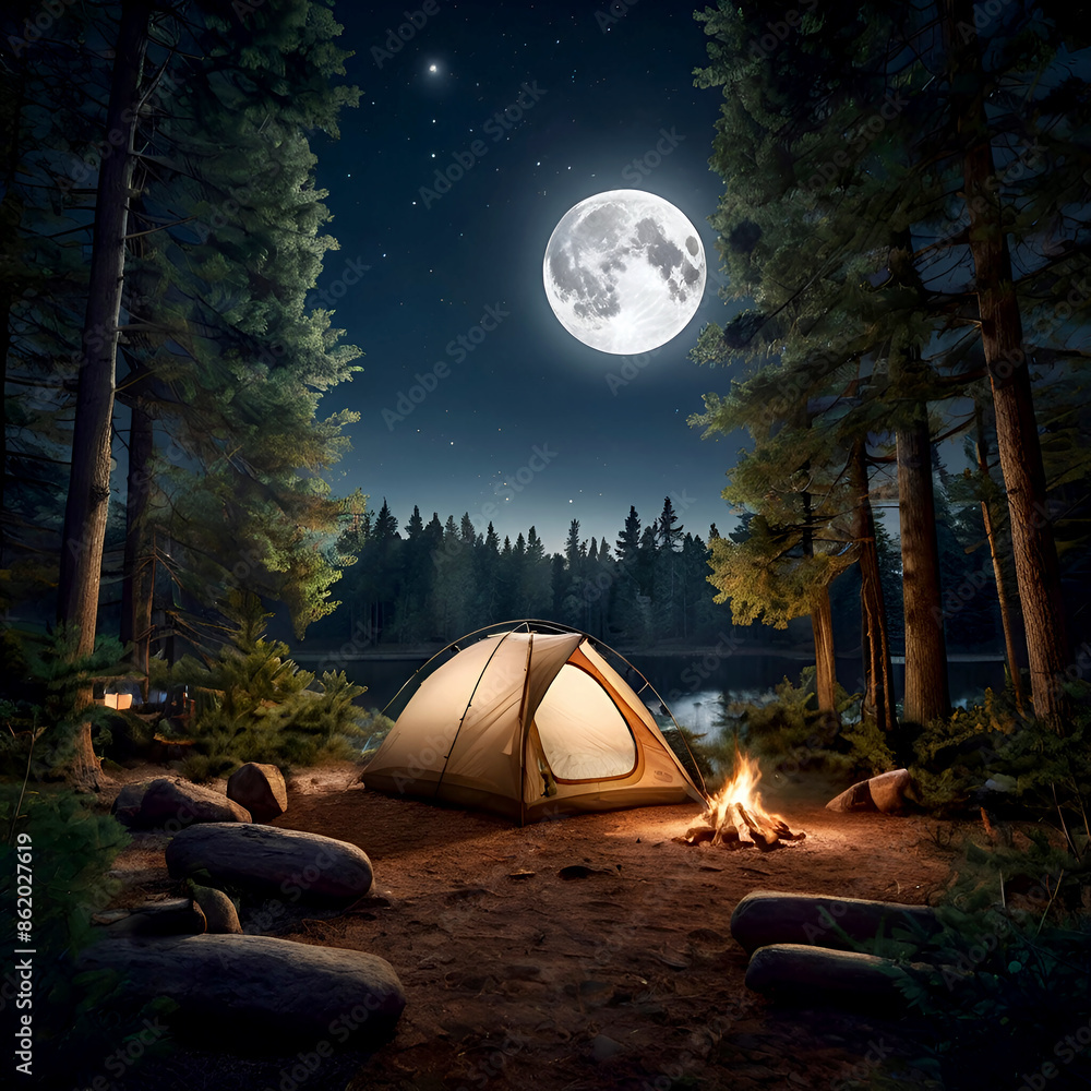 Camping-themed images, classic safari tents in the woods, sparkling ...