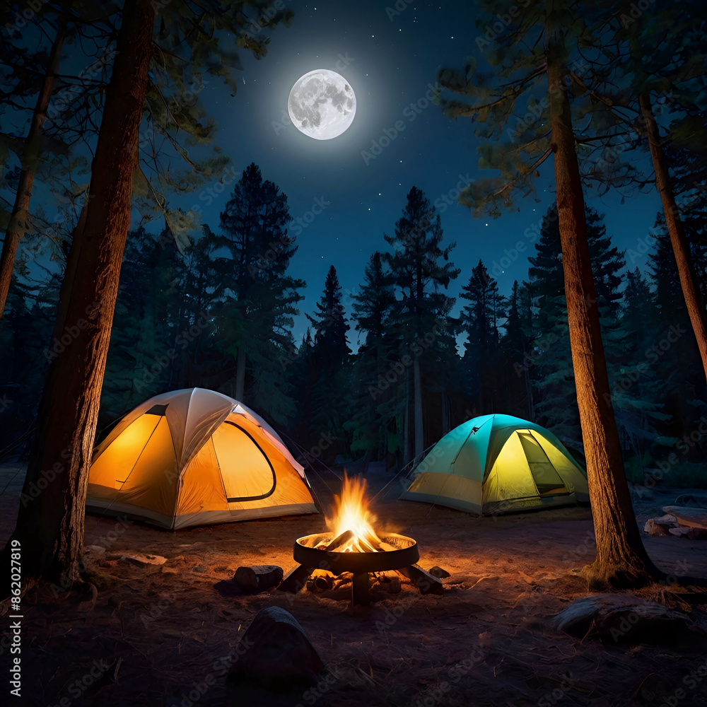 Camping-themed images, classic safari tents in the woods, sparkling ...