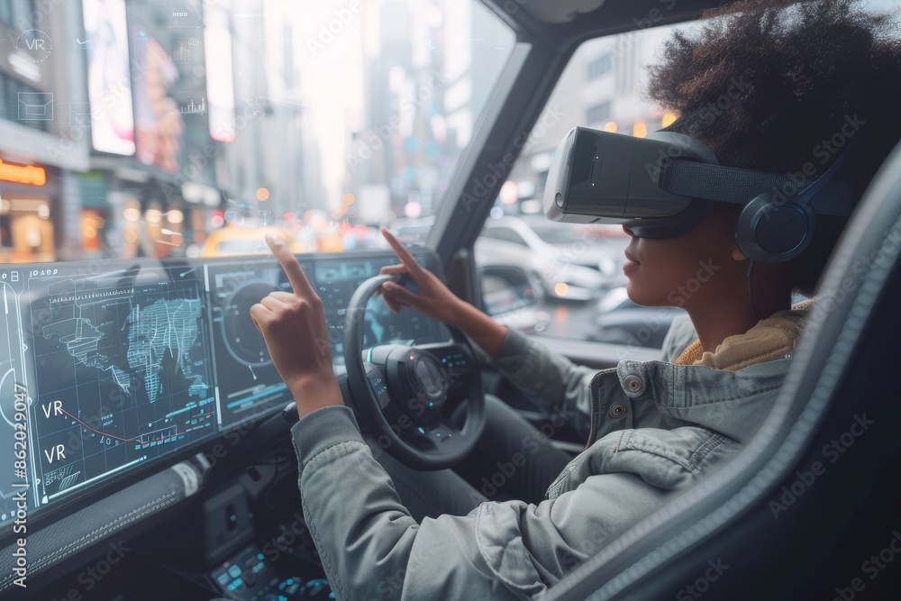 Woman using VR in a futuristic vehicle, emphasizing the integration of ...