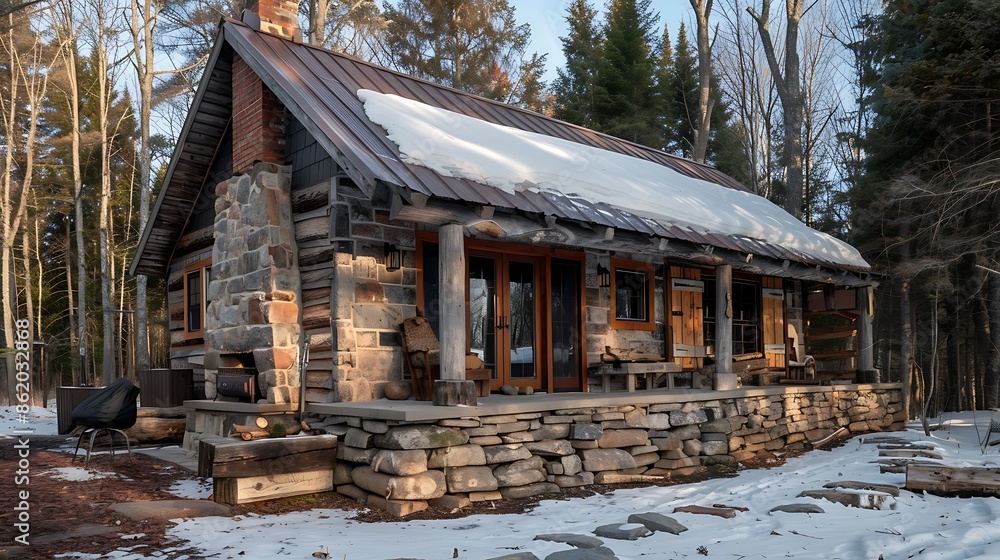 remote cabin with a facade of stacked fieldstone, offering a rugged ...