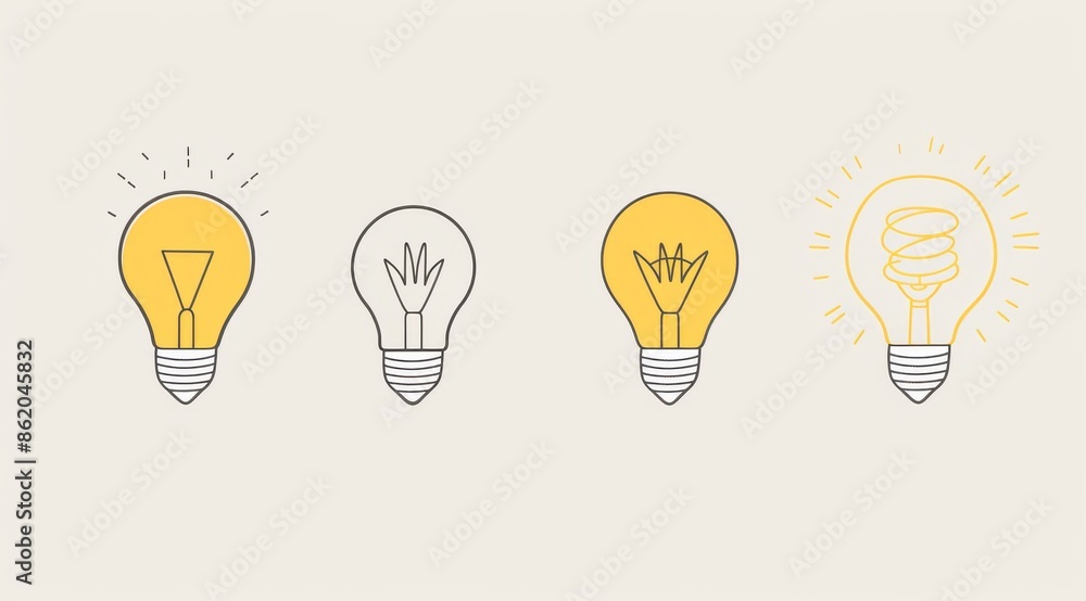4 lightbulbs in different stages of working, a simple line art ...