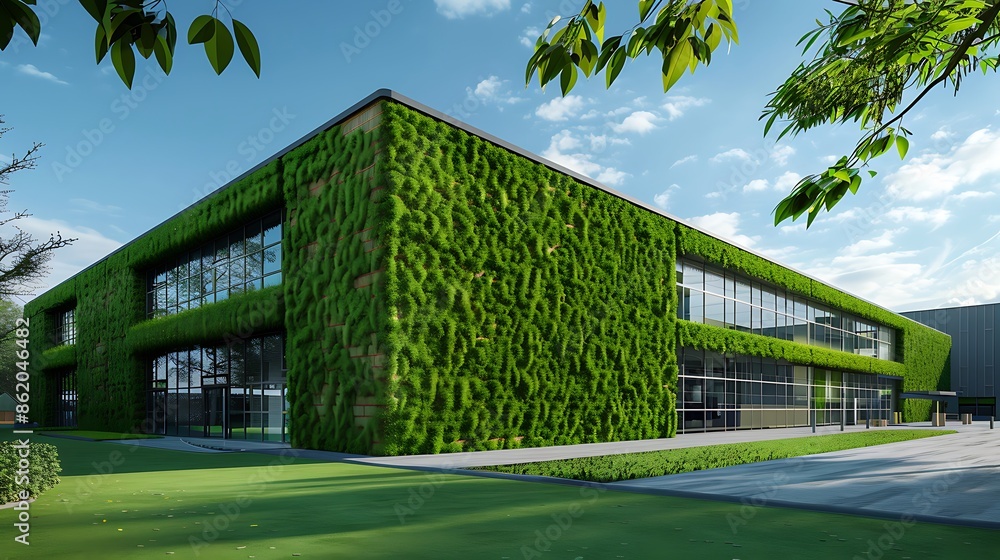eco-friendly school building with a facade of grass-covered bricks ...