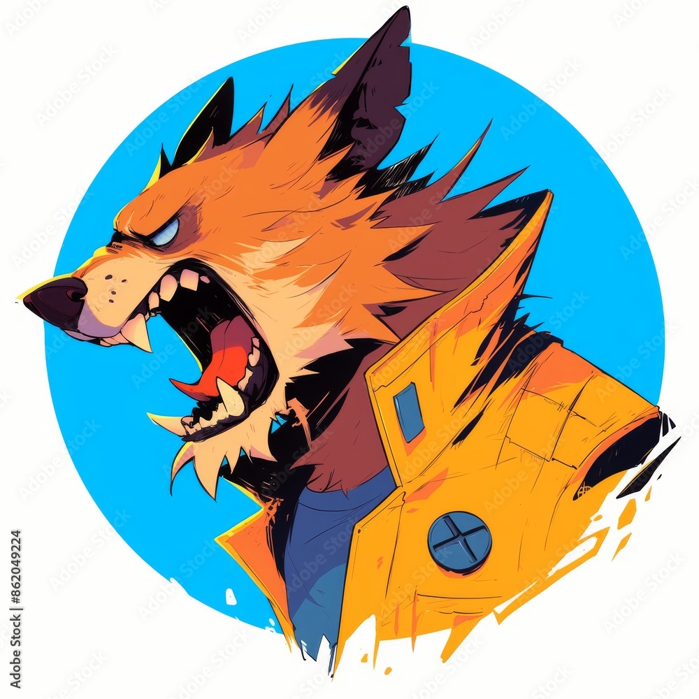 Angry anthropomorphic fox character in yellow jacket and blue ...