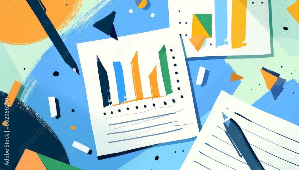 A flat vector illustration of graphs and bar charts on paper with a ...