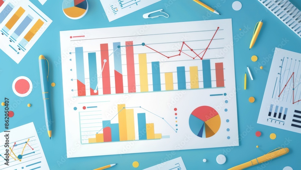 A flat vector illustration of graphs and bar charts on paper with a ...
