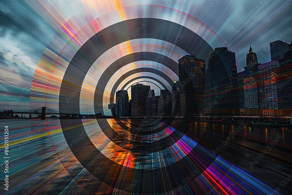 A graphic of rainbow concentric circles overlays a monochromatic city ...