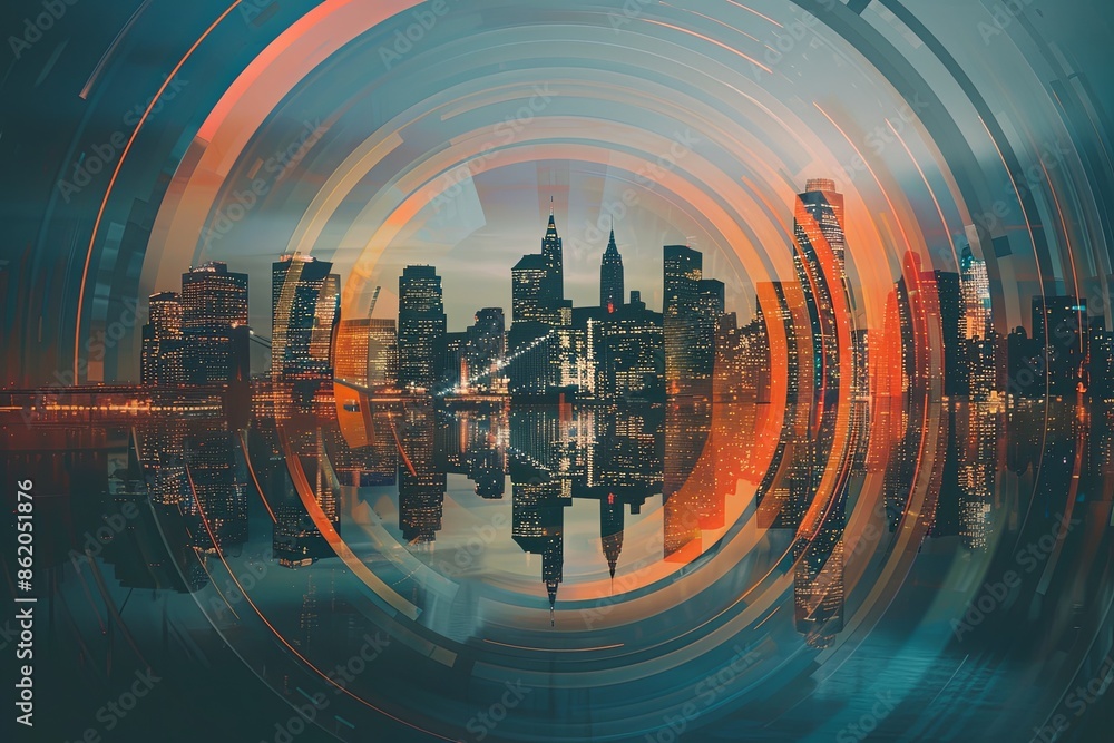 A graphic of rainbow concentric circles overlays a monochromatic city ...