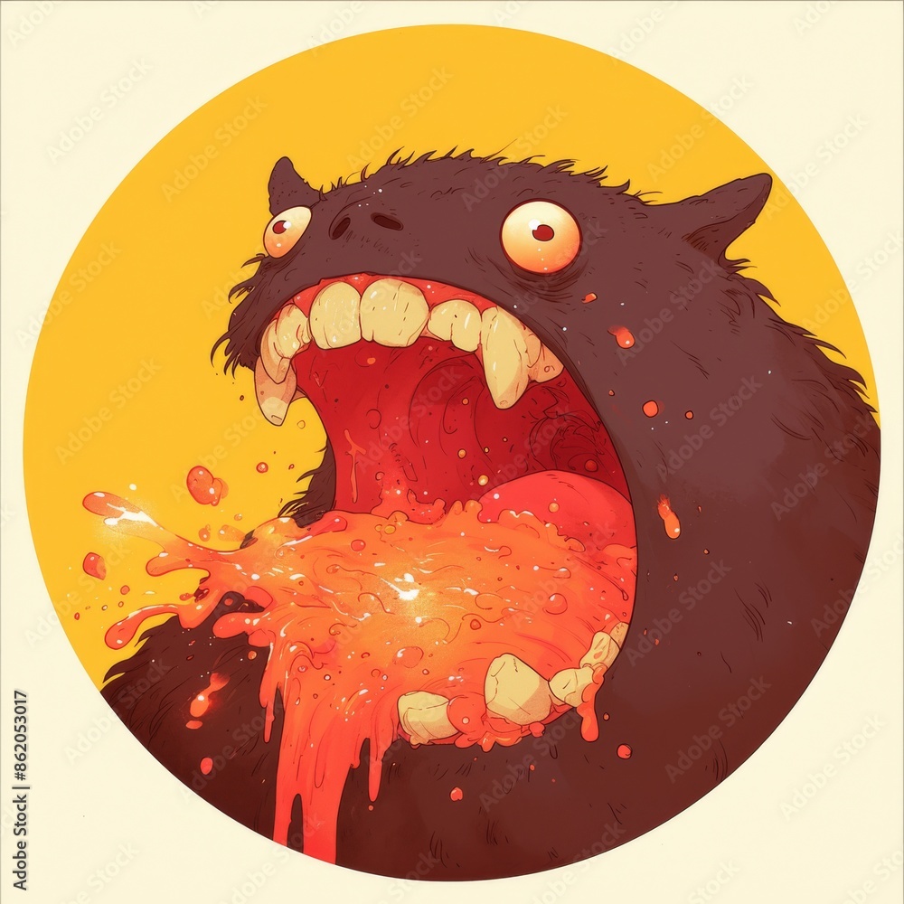 Monster with open mouth and large tongue, spitting out blood and fire ...