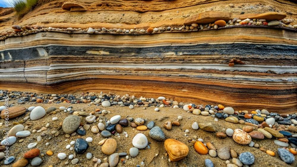 sedimentary layers of the rock in the sand scree. sand, pebbles and ...
