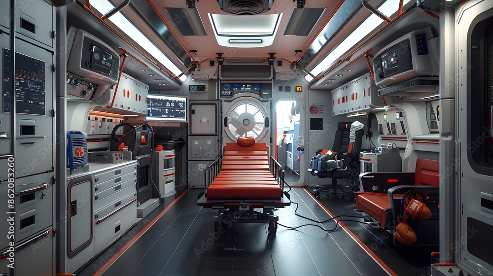 Primary Ambulance Bus with modern medical equipment. Stock Illustration ...