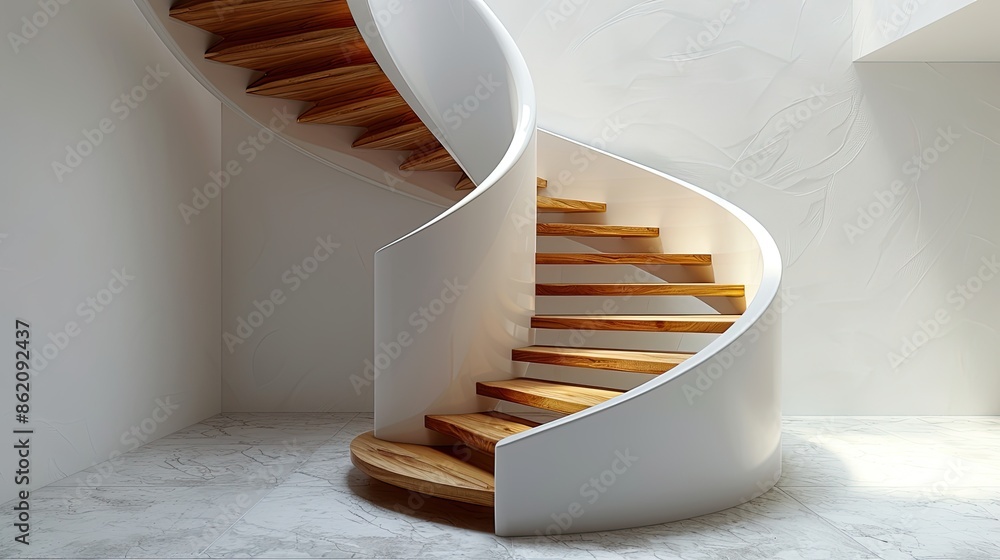 Top view beautiful spiral staircase consist of wooden tread and riser ...