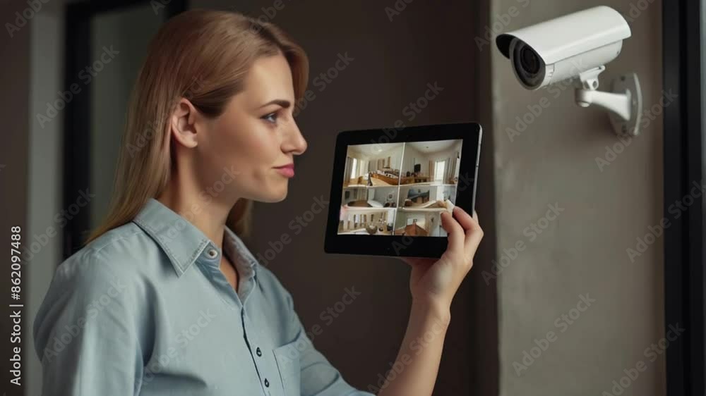 Caucasian woman installs security camera. Woman sets up angle of CCTV ...