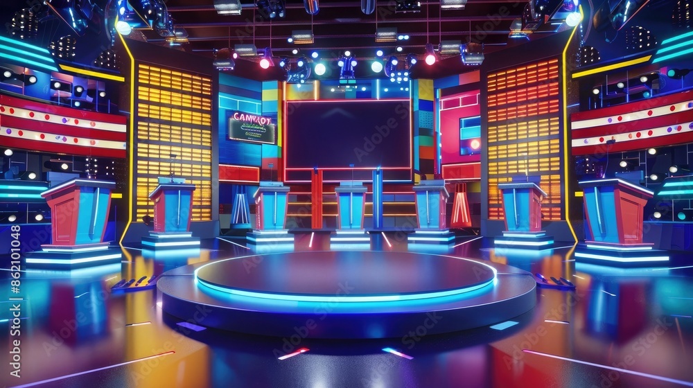 Game Show Set: An elaborate game show set with podiums, buzzers, and a ...