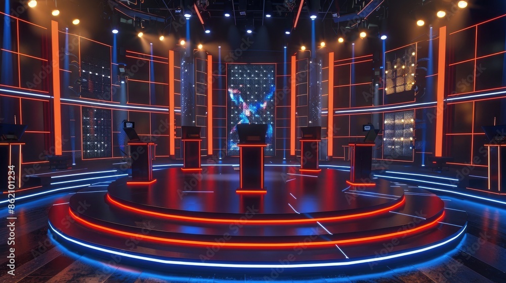 Foto de Game Show Set: An elaborate game show set with podiums, buzzers ...