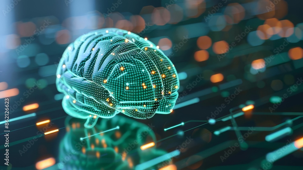 Human brain with digital code overlay, sci-fi, green and black ...