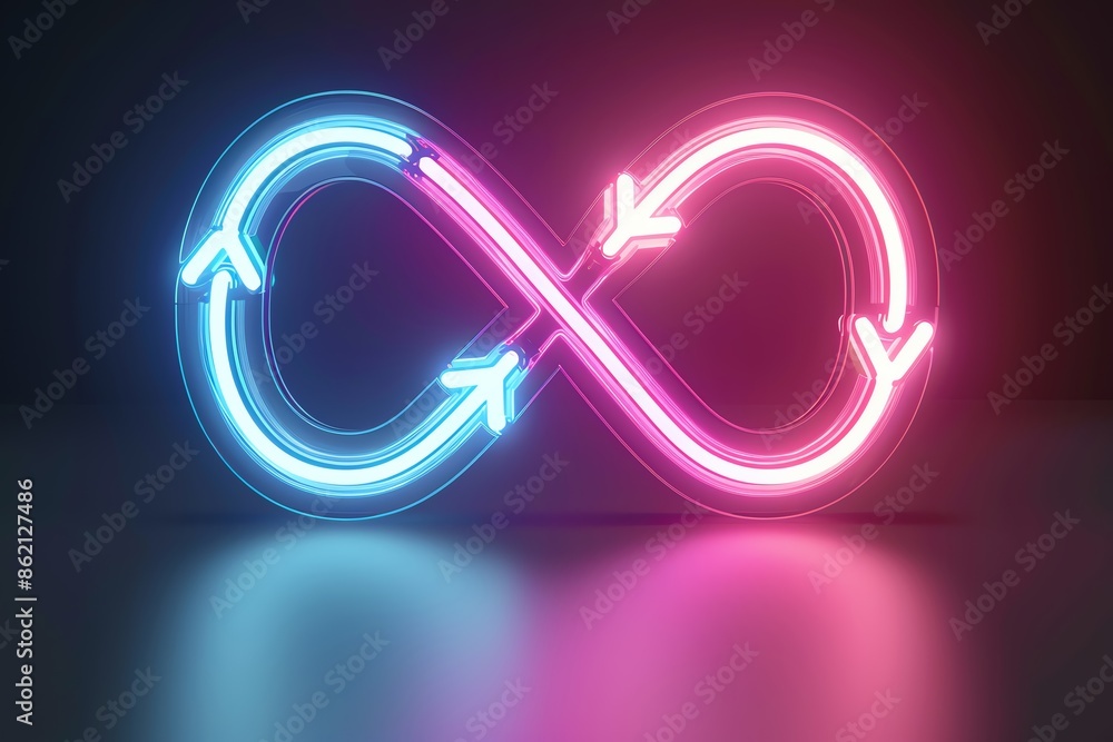 Neon infinity loop with directional arrows, front view, represents ...