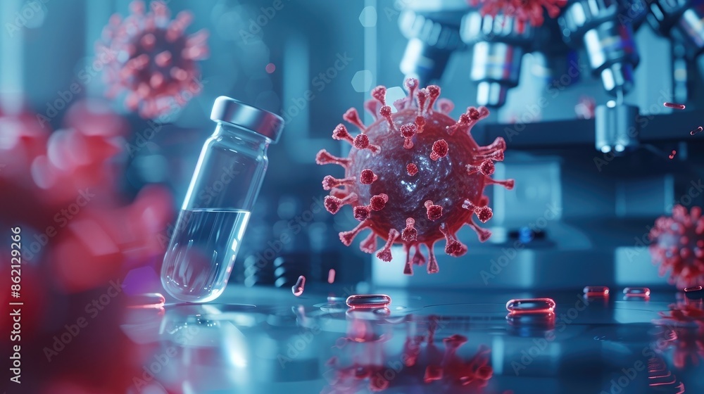 Scientific concept image of a new virus isolated in a laboratory setting , Microbiology ...