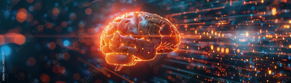 Big data and AI concept human brain glowing from processor fusion of ...