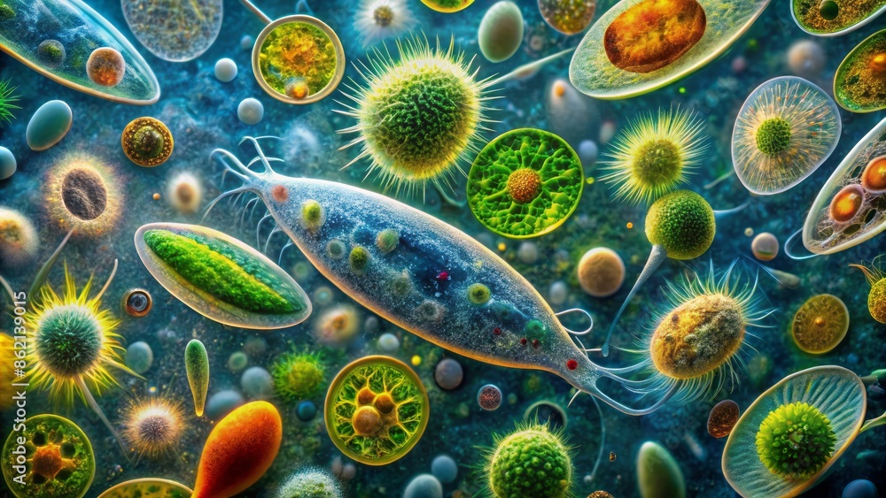 Microscopic view of Chlamydomonas algae, Paramecium ciliates, and ...