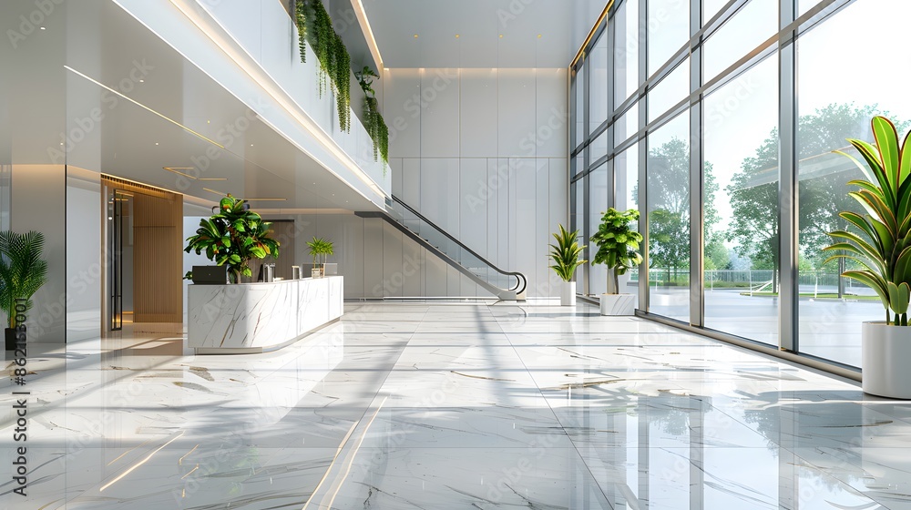 A modern office building lobby with large windows, white marble floors ...