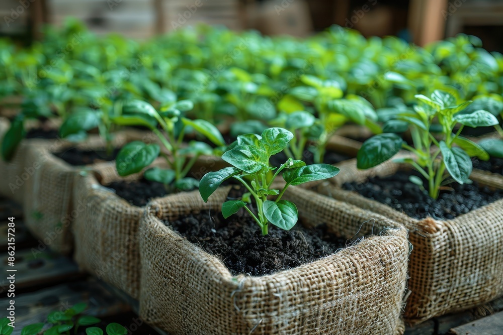 Rows of green seedlings growing in burlap sacks, neatly arranged inside ...