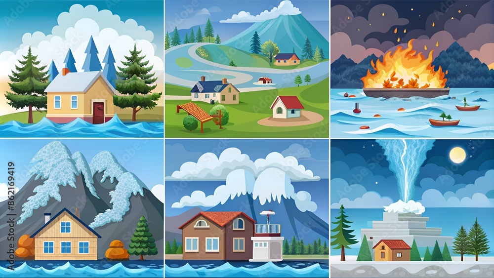 Cartoon natural disasters, flooding, earthquake and snow blizzard ...