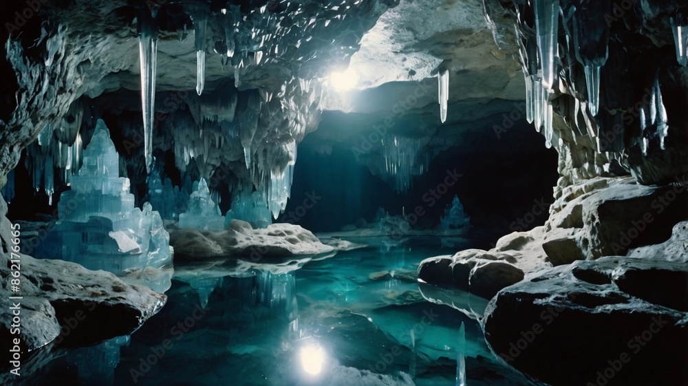 Crystal Cave, Inside a cave adorned with shimmering crystal formations and underground pools ...