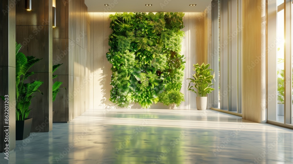 Elegant office lobby with vertical garden on the lobby wall, filled ...