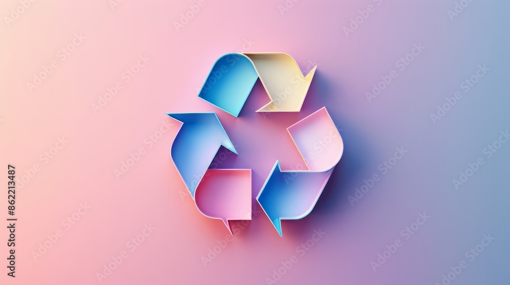 Flat recycling logo, top view, 3D render, environmental impact, soft ...