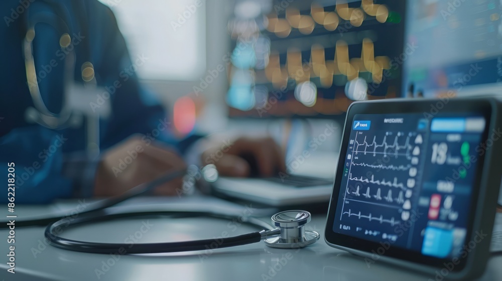 nurse using a stethoscope to check a patient's heart rate, with a blood ...
