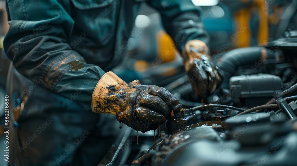 mechanic examining the engine of a truck, with oil stains on their ...