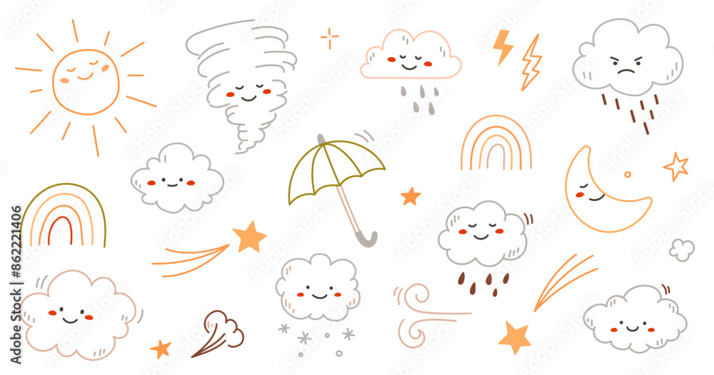 Cloud rain weather cartoon cute set. Cloud, sun, moon weather character ...