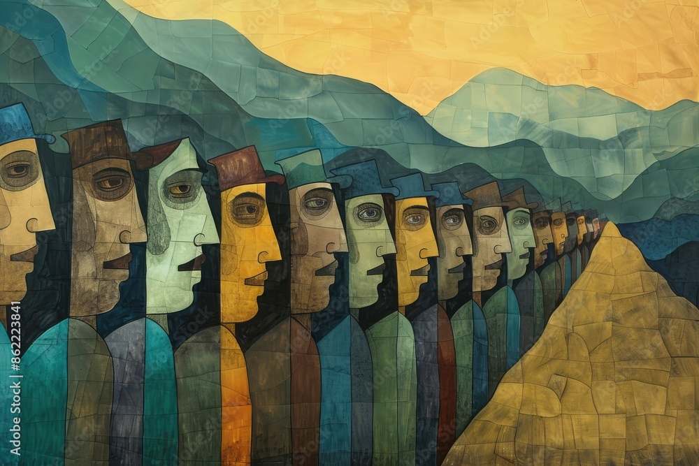 Abstract painting depicting a row of stylized faces in varied colors ...