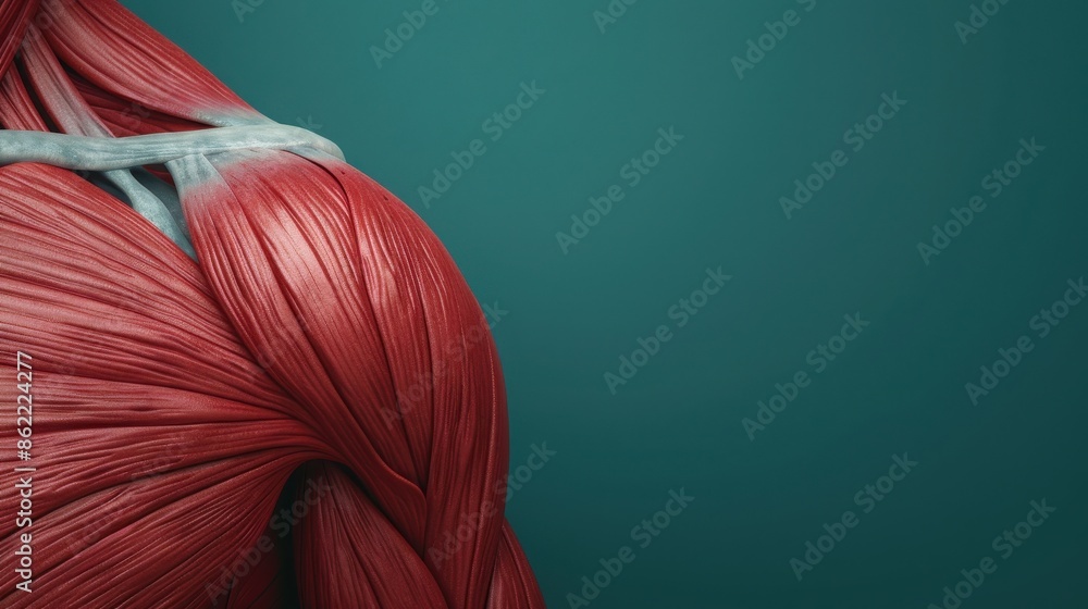 Close-up of detailed red muscle fibers and tendons against teal ...