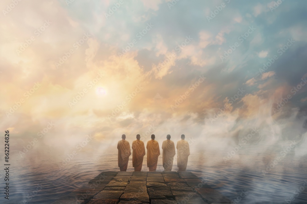 Five monks standing on a stone path surrounded by mist, gazing at a ...