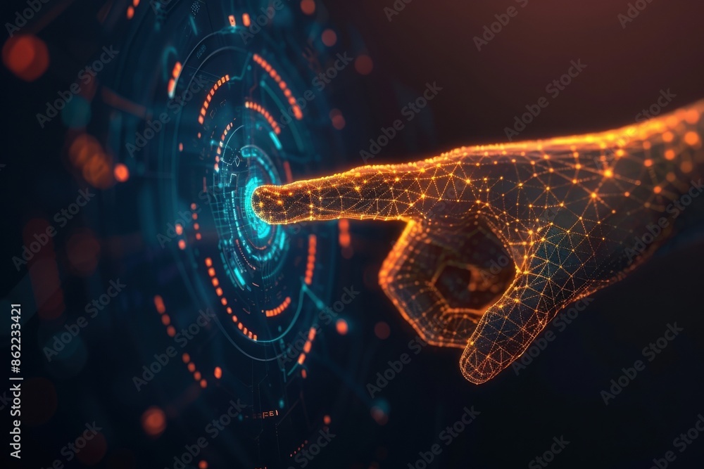 Futuristic digital touch screen interface with glowing orange hand and ...