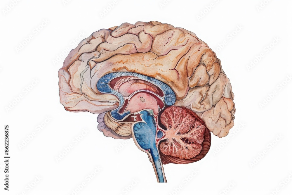Detailed anatomical illustration of the human brain highlighting ...
