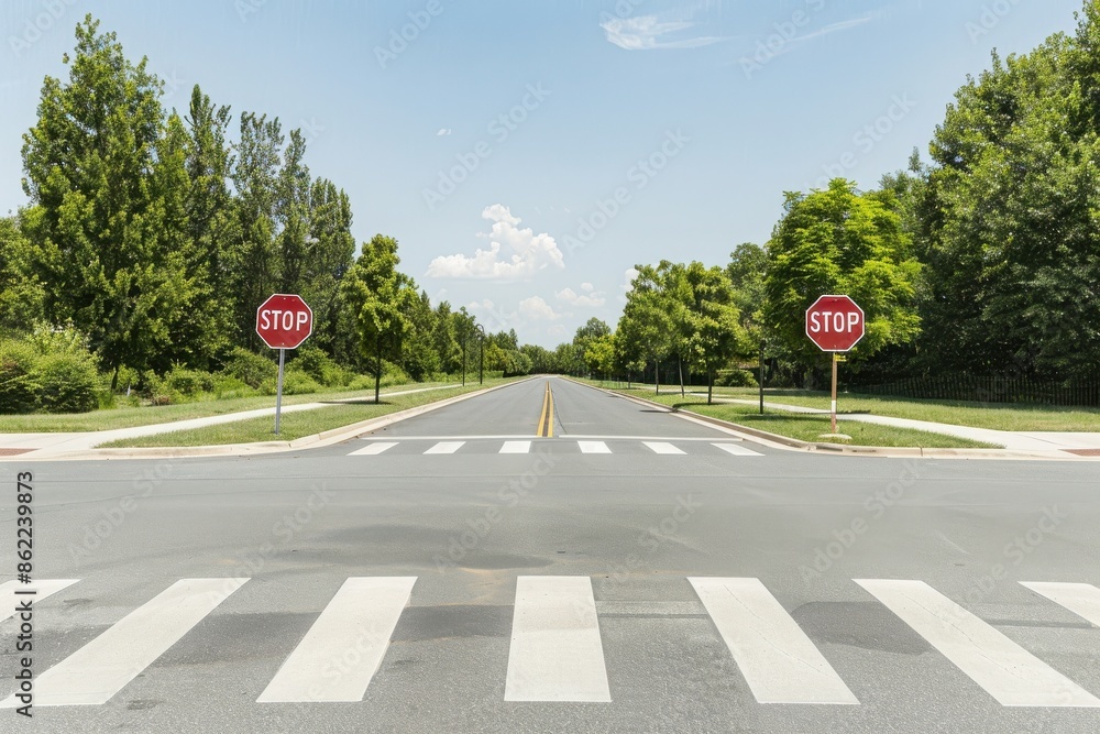 A quiet suburban intersection with clear skies, lush greenery, and two ...