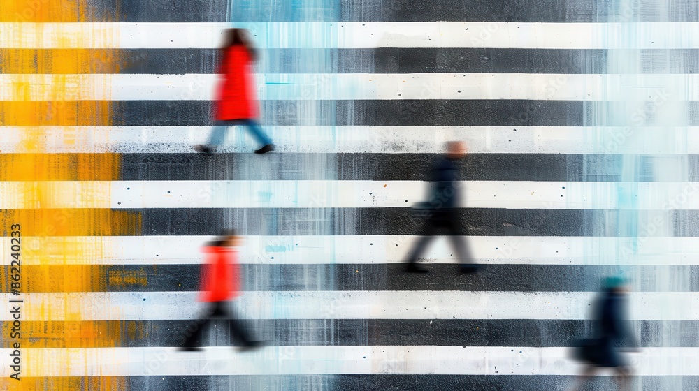 Abstract motion blur image of pedestrians crossing a city street in a ...