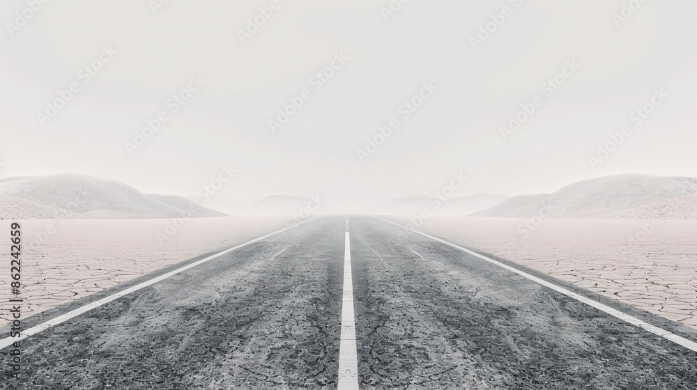 Empty open road disappearing into foggy horizon, surrounded by misty ...