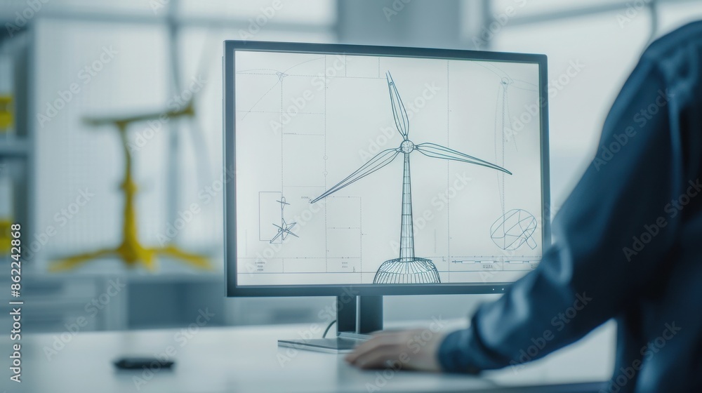 Engineer designing a wind turbine using CAD software on a computer in a modern office setting ...