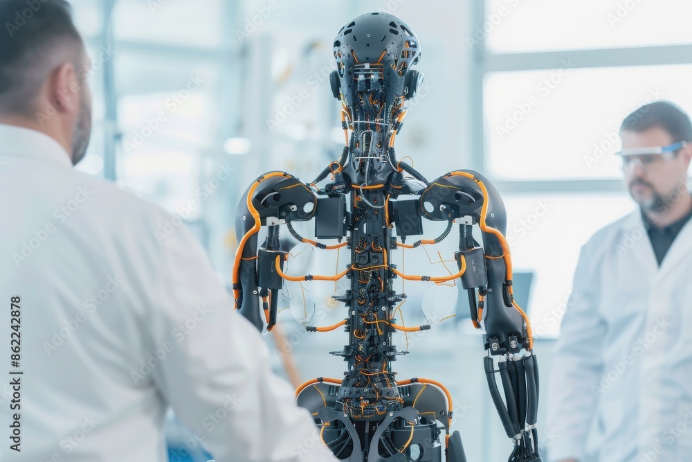 Engineers working on advanced humanoid robot in a modern laboratory ...
