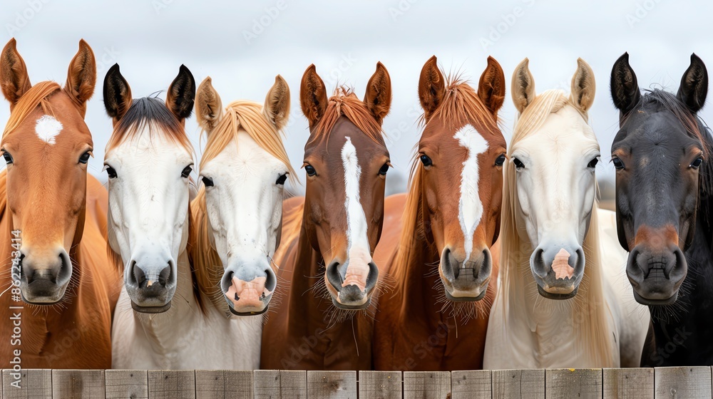 Group of seven diverse and colorful horses standing together behind a ...