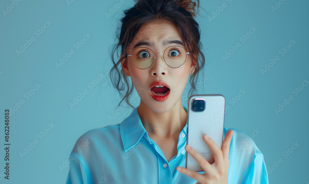 The woman looked at his smartphone with expressions of joy and shock ...