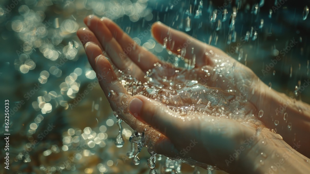 A hand is holding water in a way that it looks like it is pouring out ...