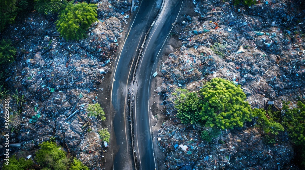 A winding road leading to a massive heap of plastic waste, highlighting ...