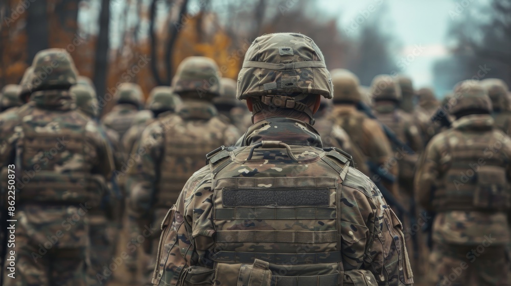 Back view of soldiers in formation, military officer conducting a ...